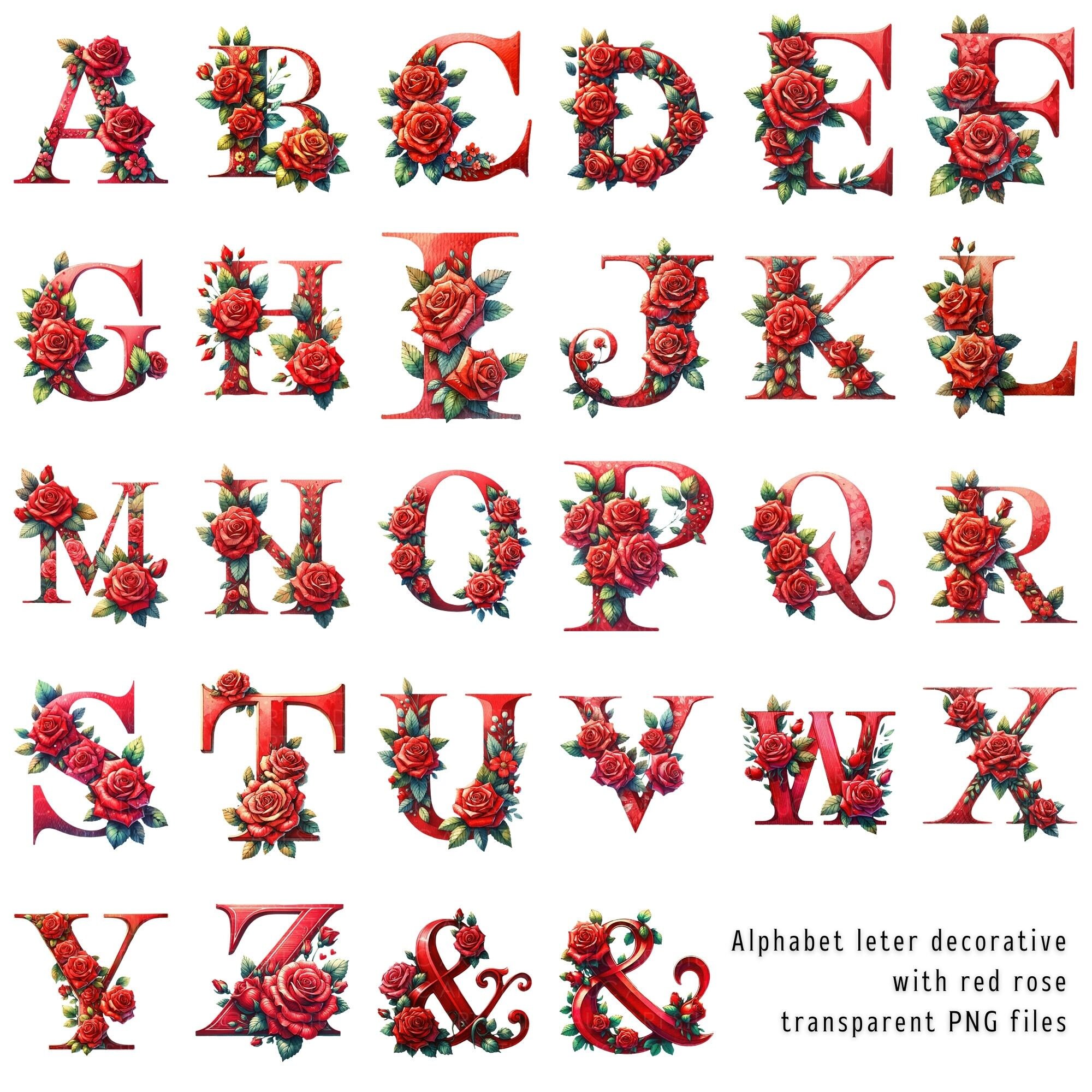 Valentines Alphabet Png, Rose Floral Letters and Numbers, Clipart ...