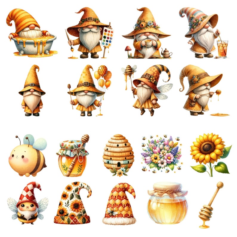 50 Watercolor Honey Bee Gnomes Clipart, Bee Gnome Clipart, Watercolor ...