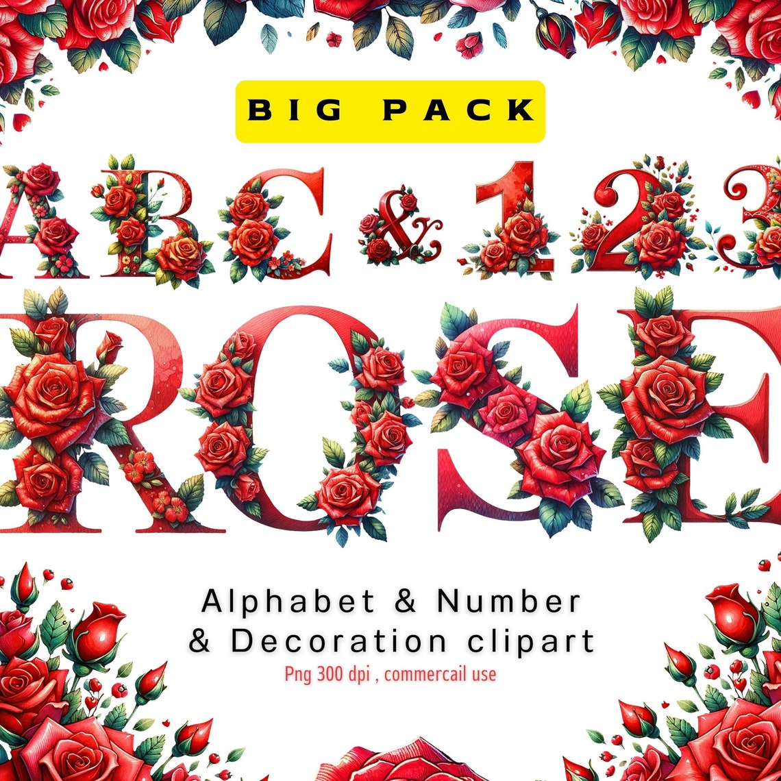 Valentines Alphabet Png, Rose Floral Letters and Numbers, Clipart ...