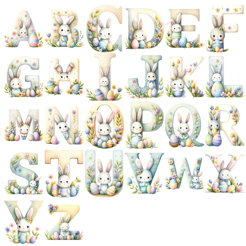 Watercolor Easter Alphabet , Numbers Clipart Set, Watercolor Bunny ...