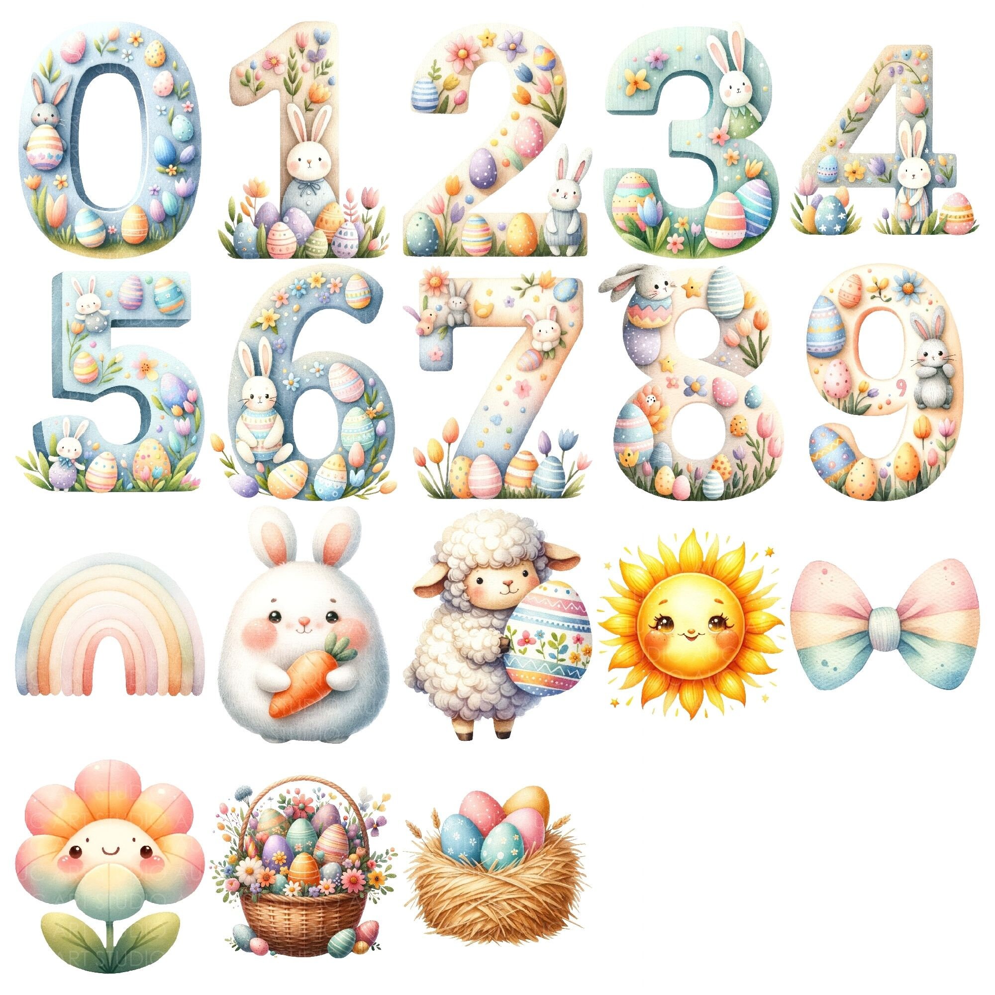 Watercolor Easter Alphabet , Numbers Clipart Set, Watercolor Bunny ...
