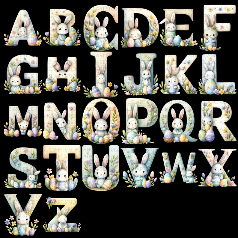 Watercolor Easter Alphabet , Numbers Clipart Set, Watercolor Bunny ...