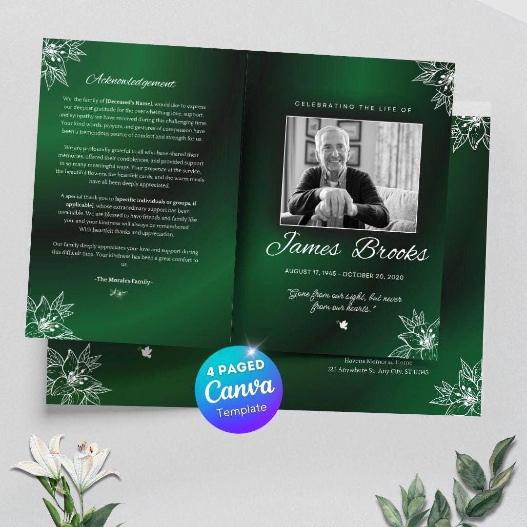 Green Funeral Brochure Card Digital Funeral Invitation Editable ...