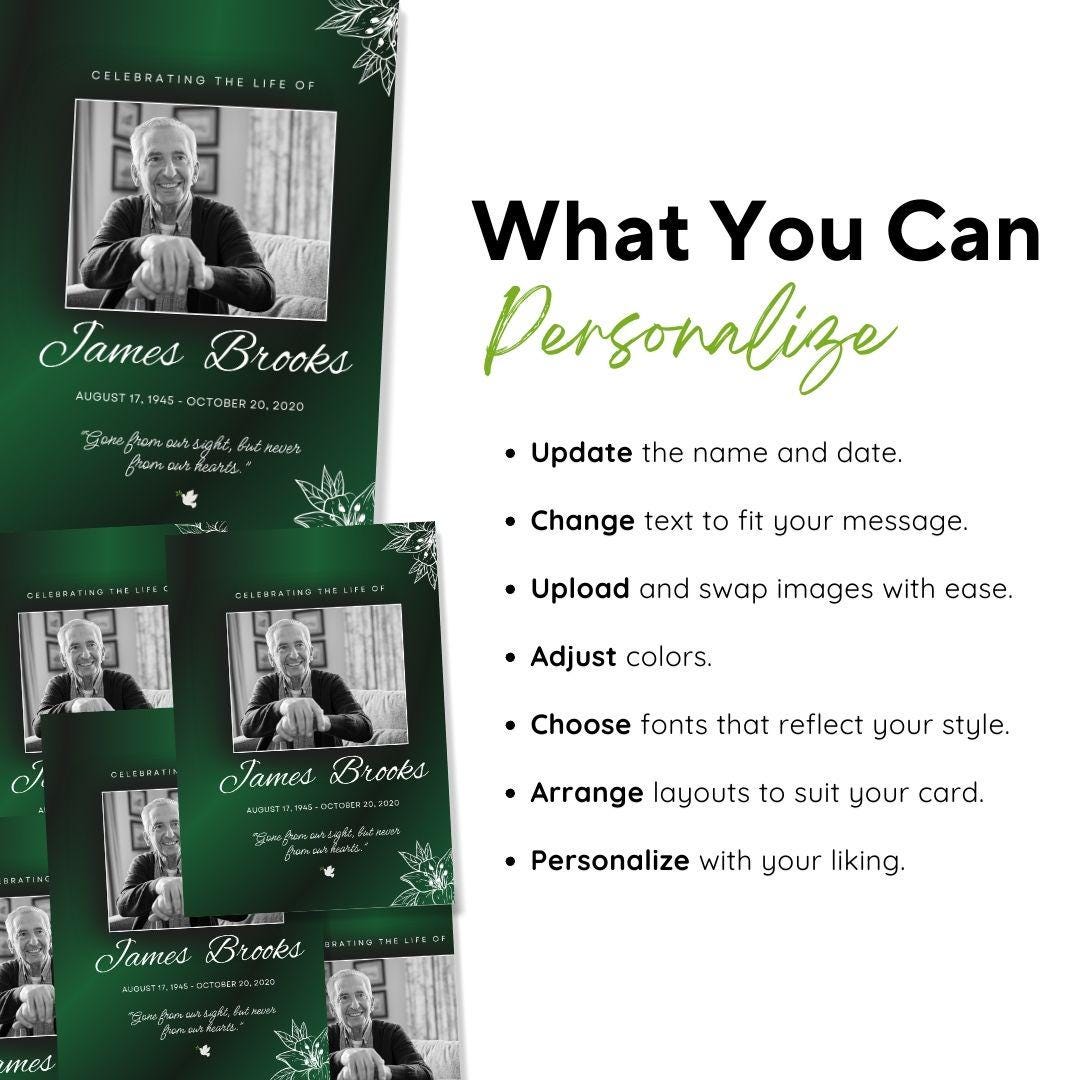 Green Funeral Brochure Card Digital Funeral Invitation Editable ...
