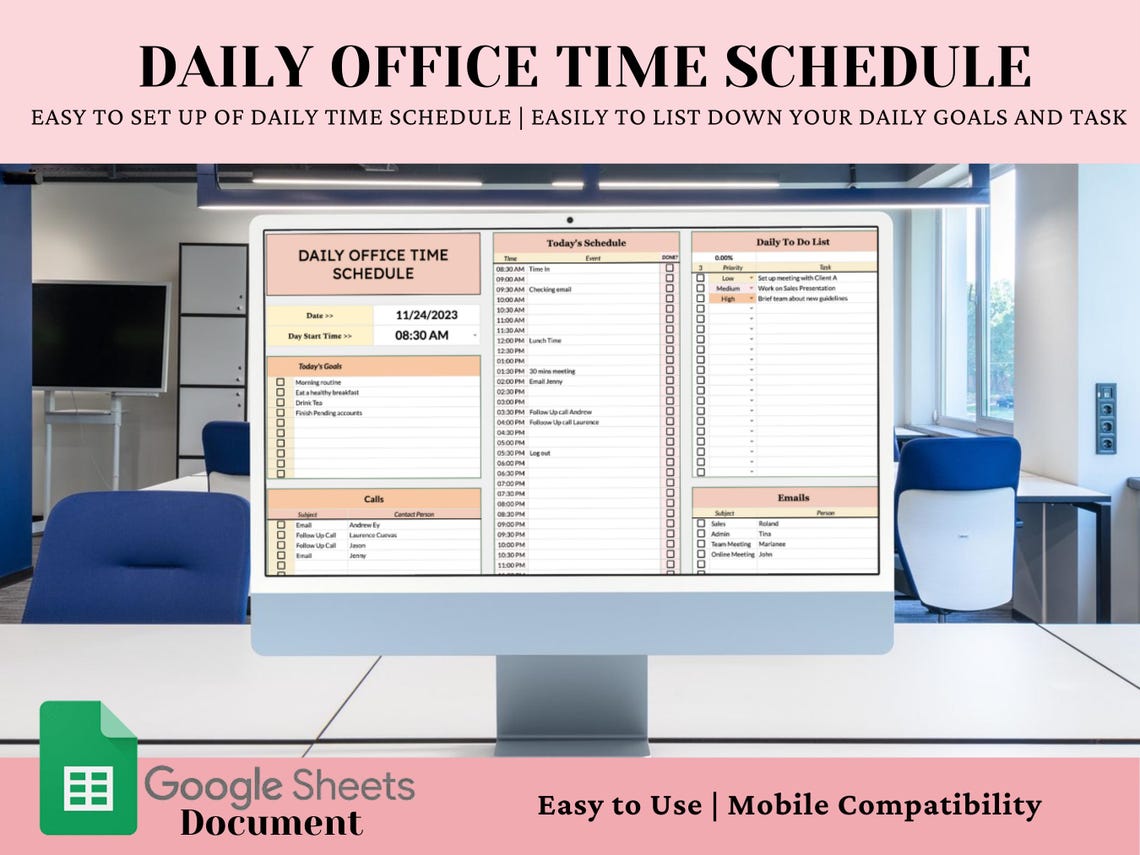 Daily Office Time Schedule Planner Task Manager Executive Productivity ...