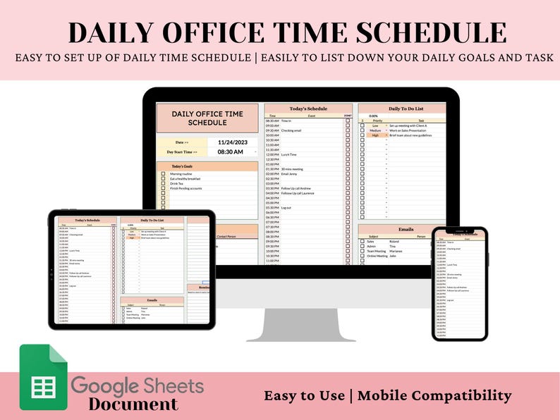 Daily Office Time Schedule Planner Task Manager Executive Productivity ...