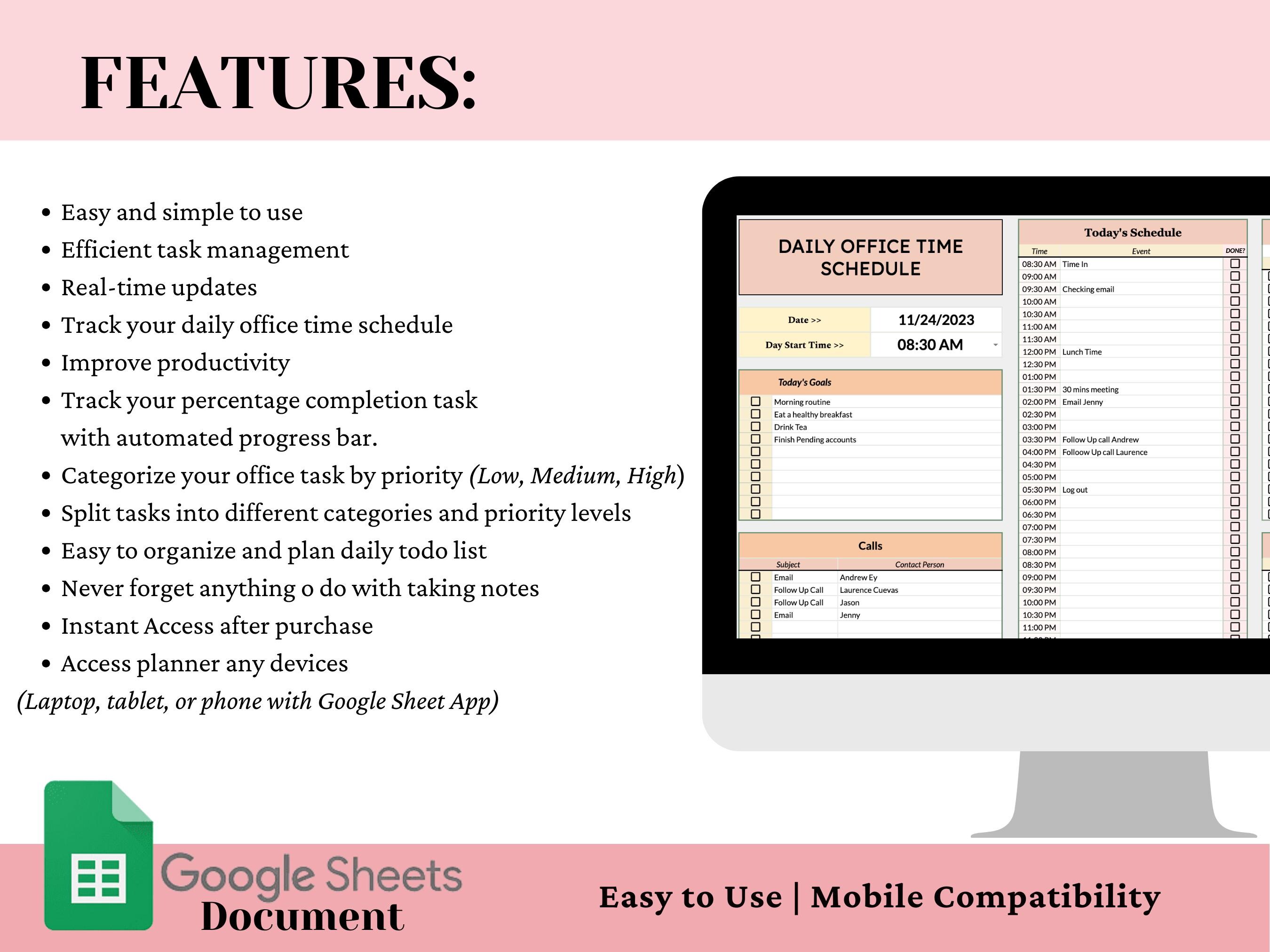 Daily Office Time Schedule Planner Task Manager Executive Productivity ...