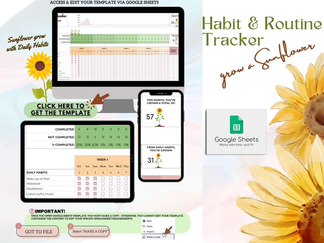 Sunflower Habit Tracker Spreadsheet Daily Routine Habit - Etsy