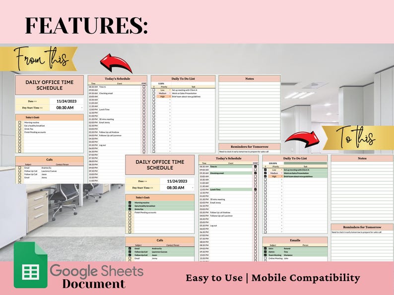 Daily Office Time Schedule Planner Task Manager Executive Productivity ...