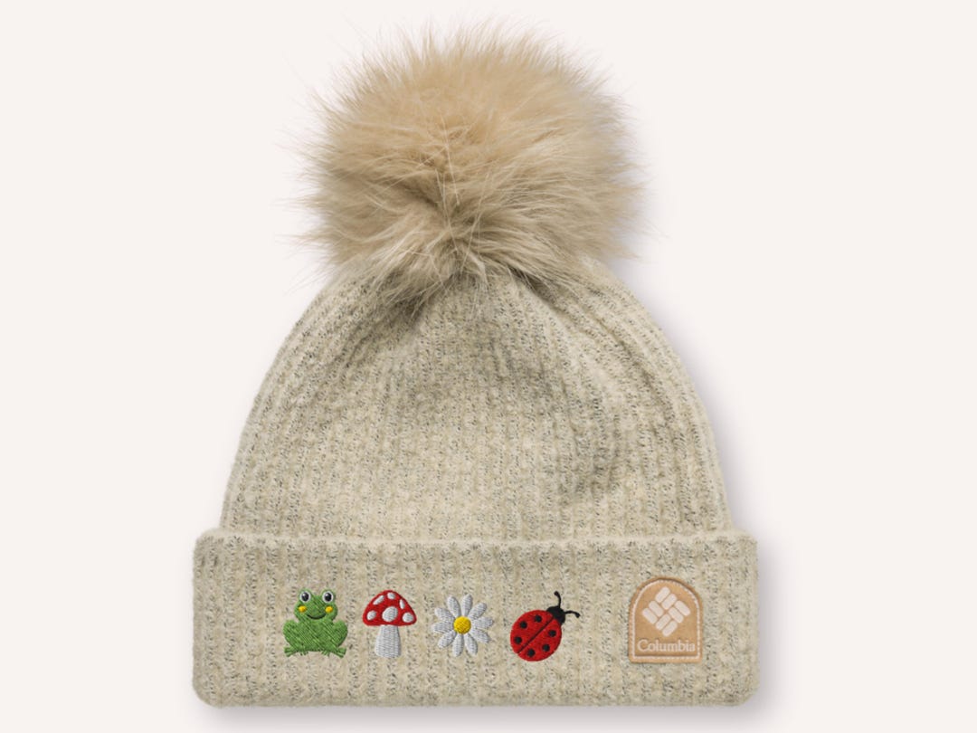 Columbia Embroidered Cottagecore Pom Pom Beanie Frog Mushroom Ladybug ...