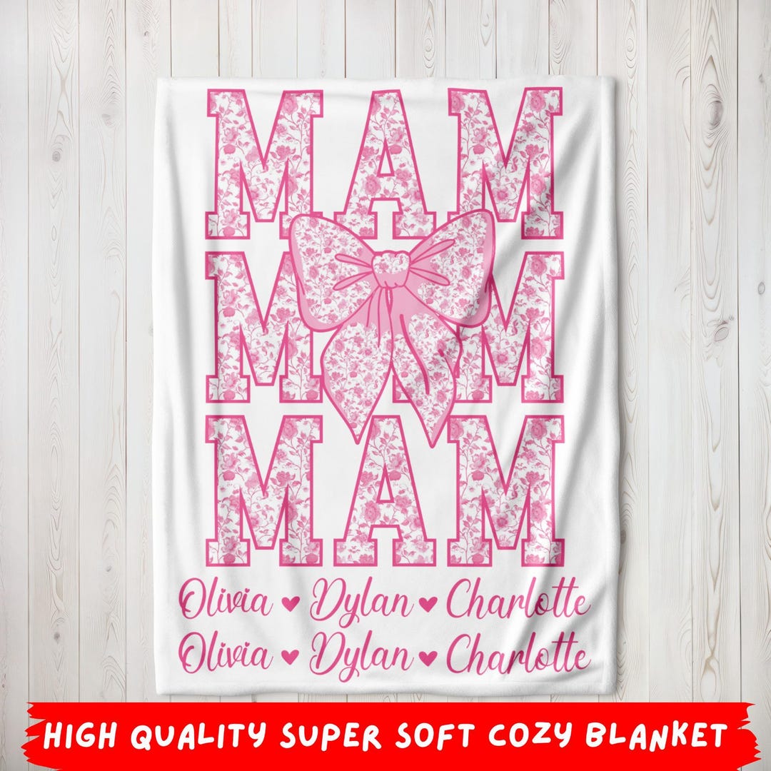 Mam Floral Pink Bow Blanket, Personalized Soft Cozy Throw, Mother's Day ...