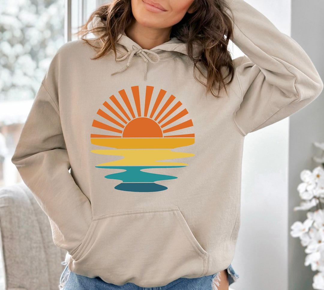 Retro Sunset Hoodie, Retro Sunset Rays Wavy Hoodie, Retro Sunshine ...