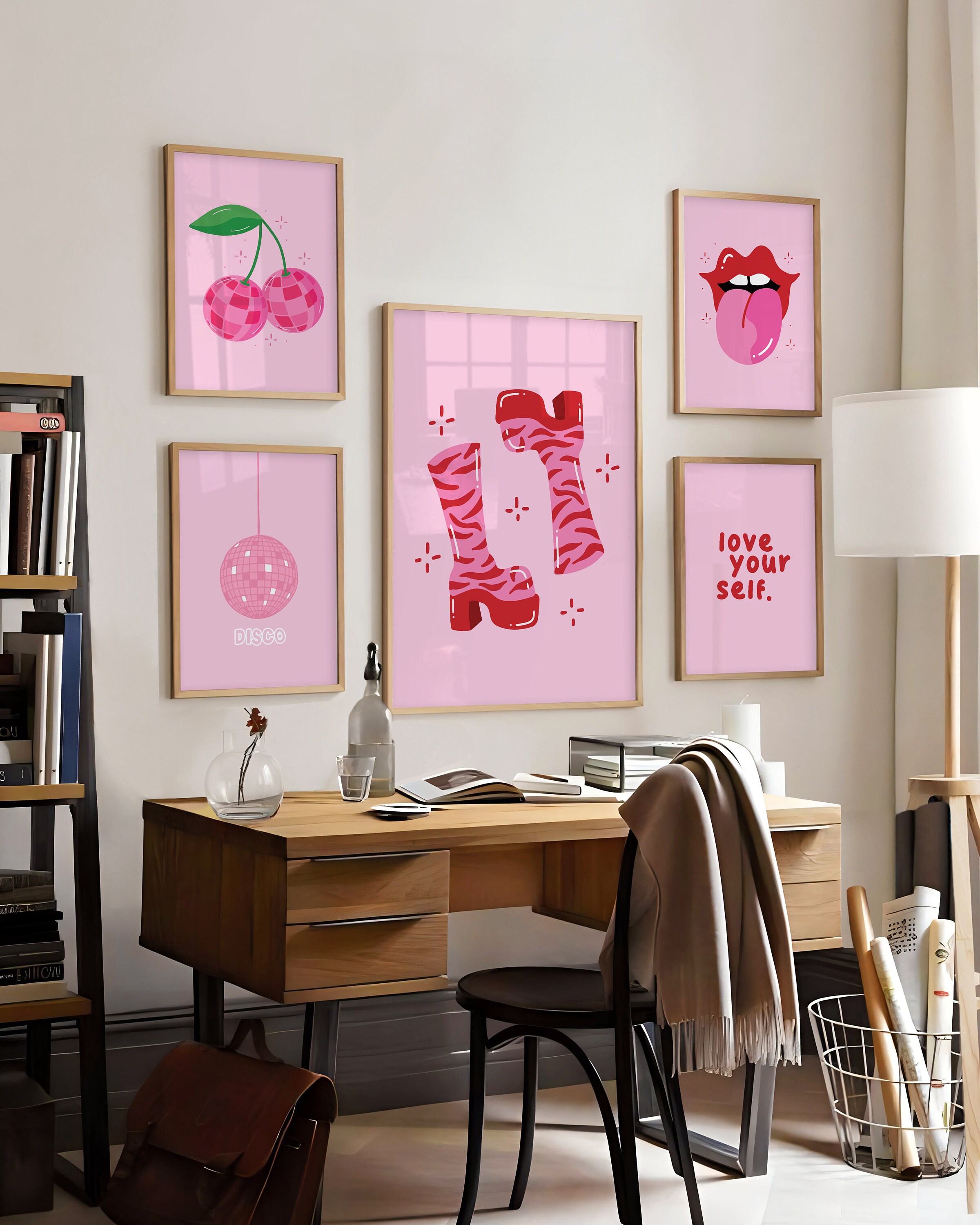 Pink Aesthetic Wall Art Set of 5, Pink Disco Ball Print, Pink ...