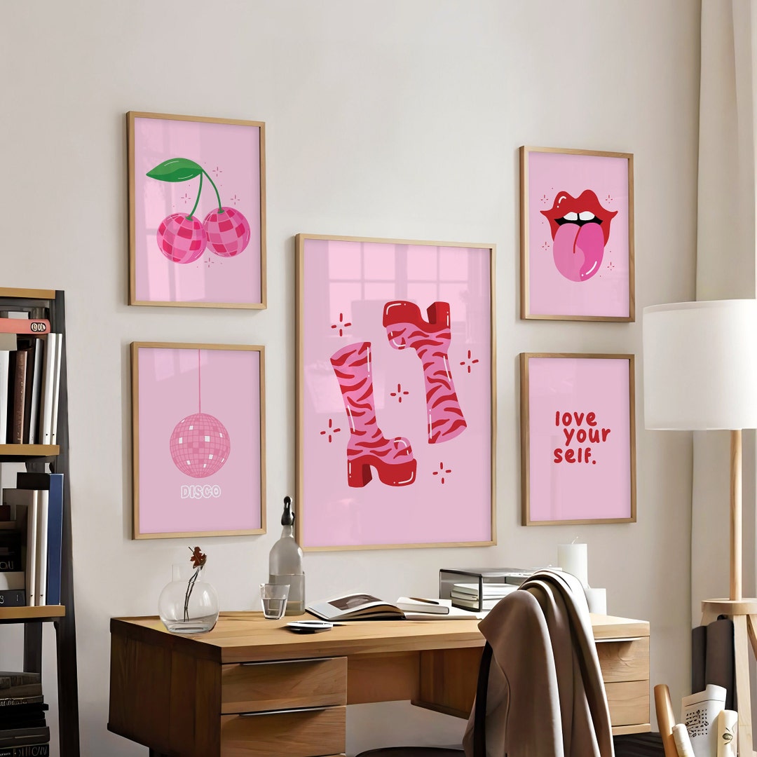Pink Aesthetic Wall Art Set of 5, Pink Disco Ball Print, Pink ...