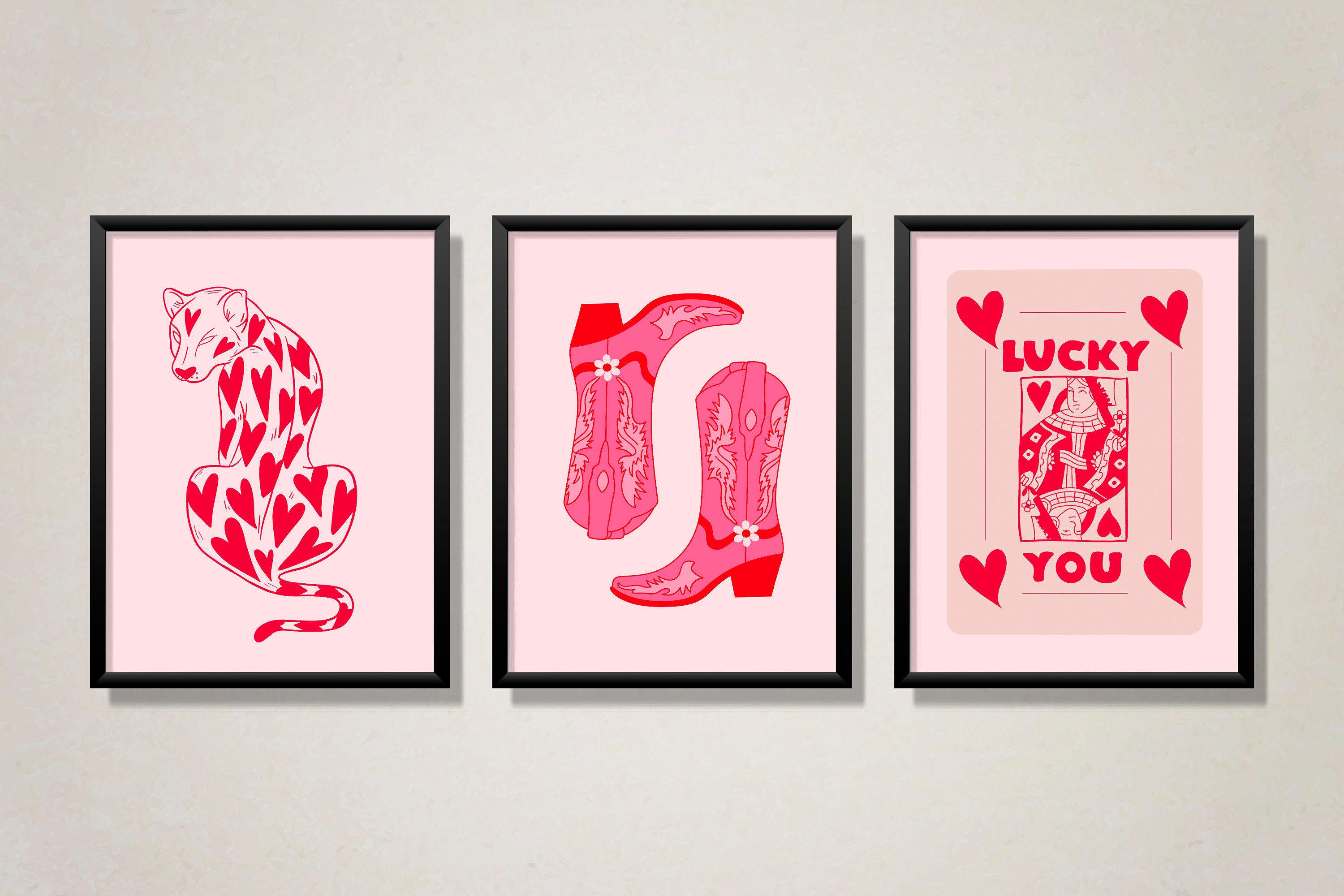 Set of 3 Pink and Red Digital Wall Art Prints, Lucky You Printable ...