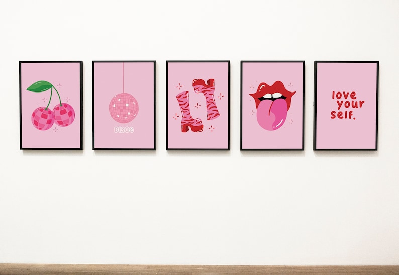 Pink Aesthetic Wall Art Set of 5, Pink Disco Ball Print, Pink ...