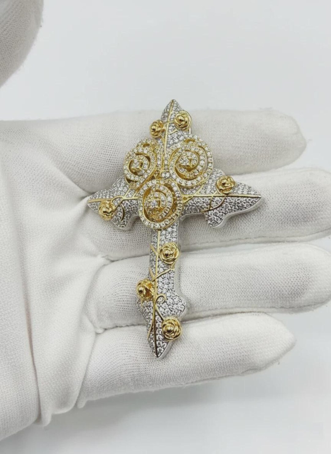 Luxury Iced Out Rose Cross Pendant, Two-tone Gold Plated Moissanite ...
