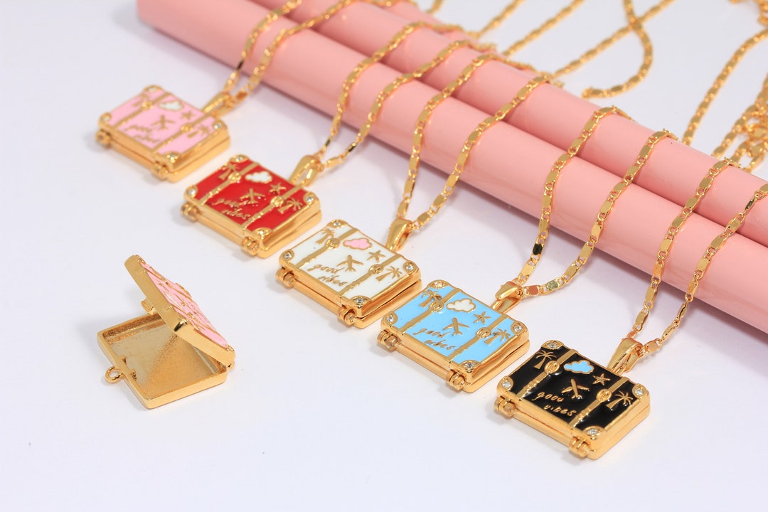24k Shiny Gold CZ Travel Bag Necklace, Enamel Suitcase Necklace ...