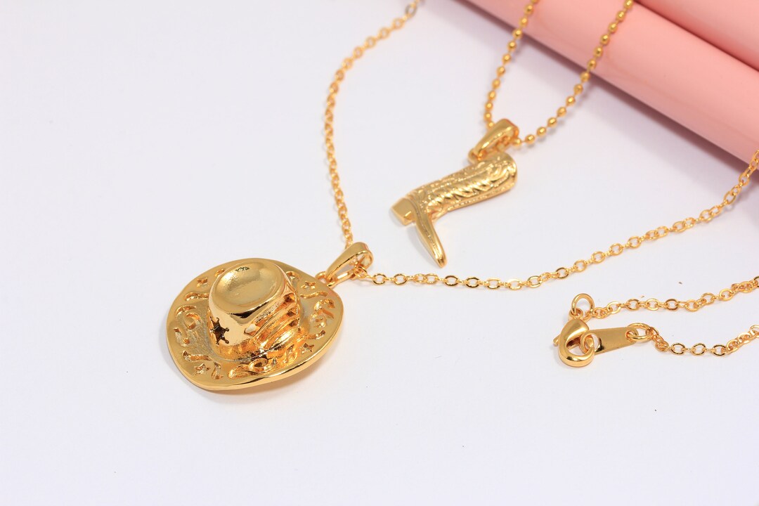 24k Shiny Gold Cowboy Necklace, Cowboy Hat and Boot Necklace, Layered ...