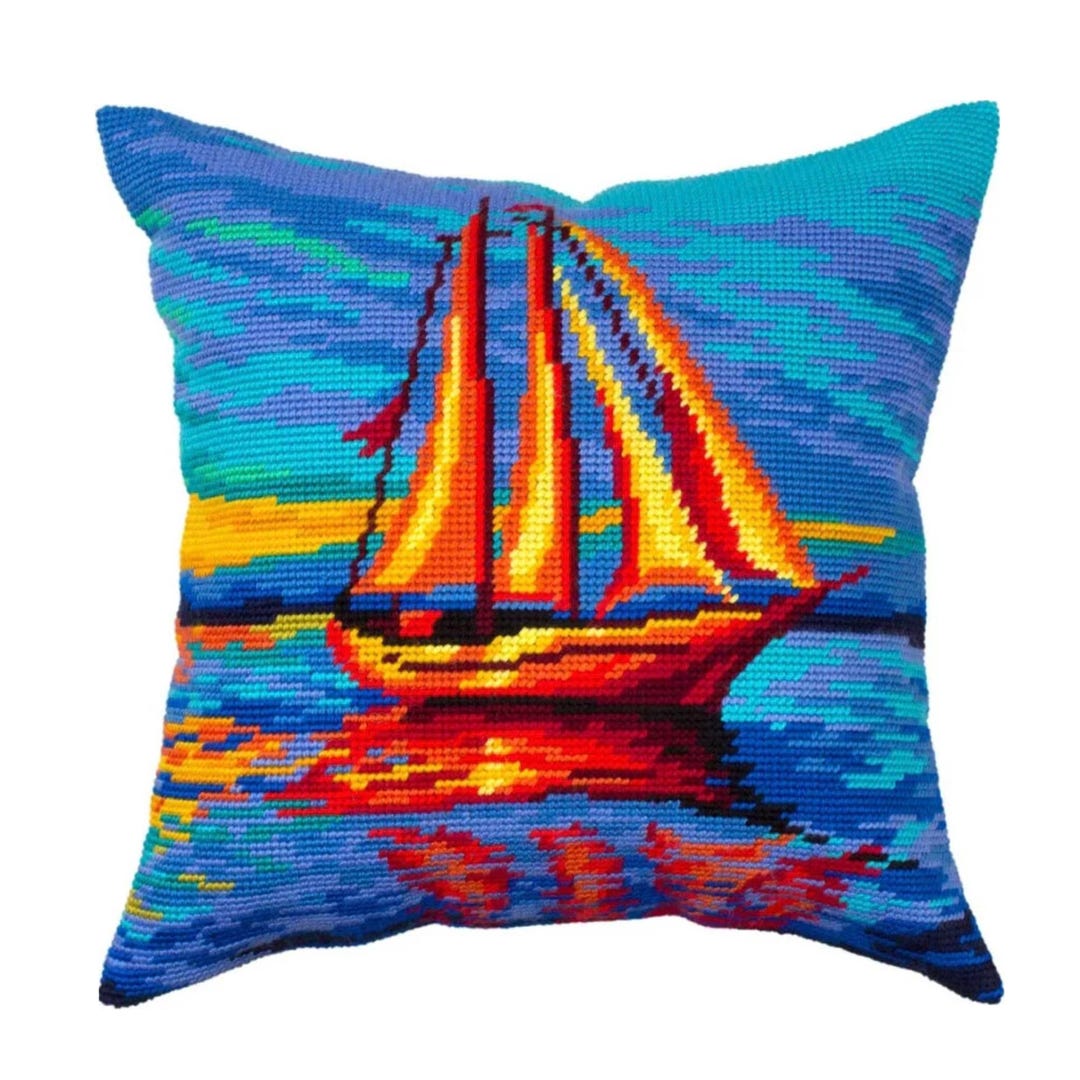 DIY Needlepoint Pillow Kit "sailboat at Sunset", Printed Canvas, Half ...