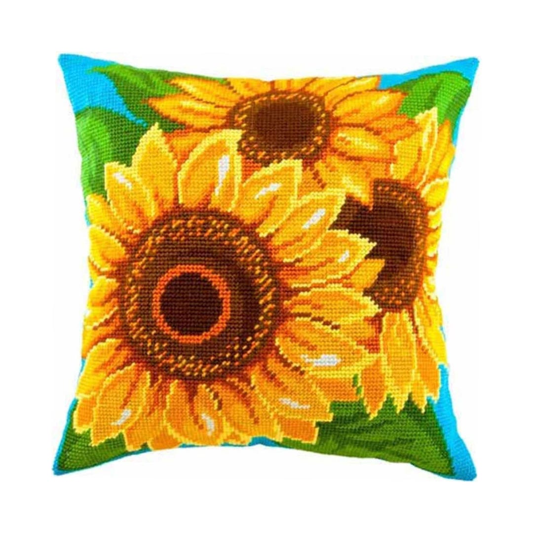 DIY Needlepoint Pillow Kit "sunflowers", Printed Canvas, Half Cross ...