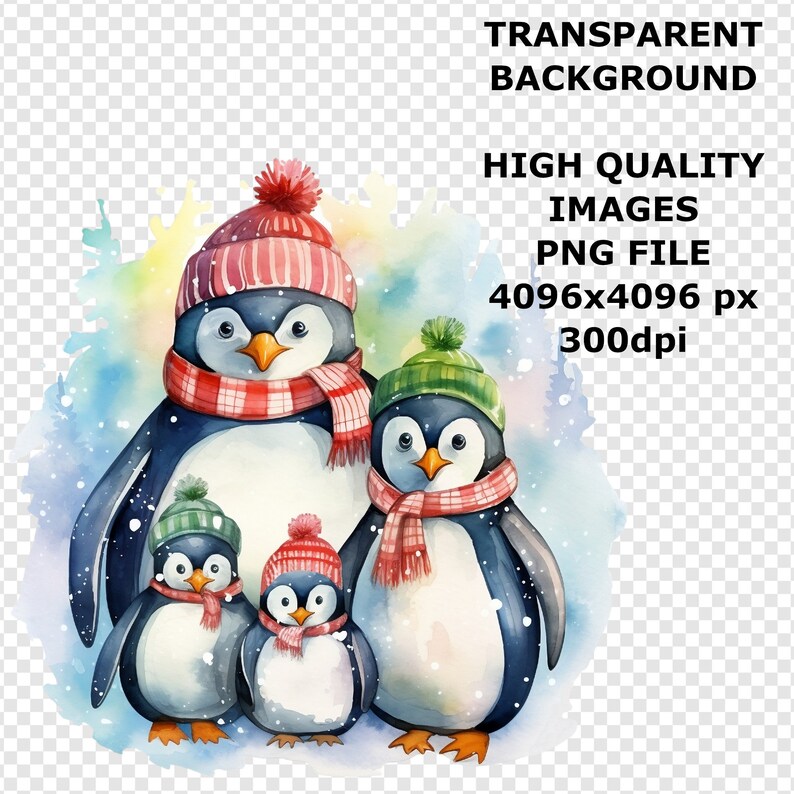 Christmas Penguins Family PNG, Holiday Penguin Clip Art PNG, Watercolor ...