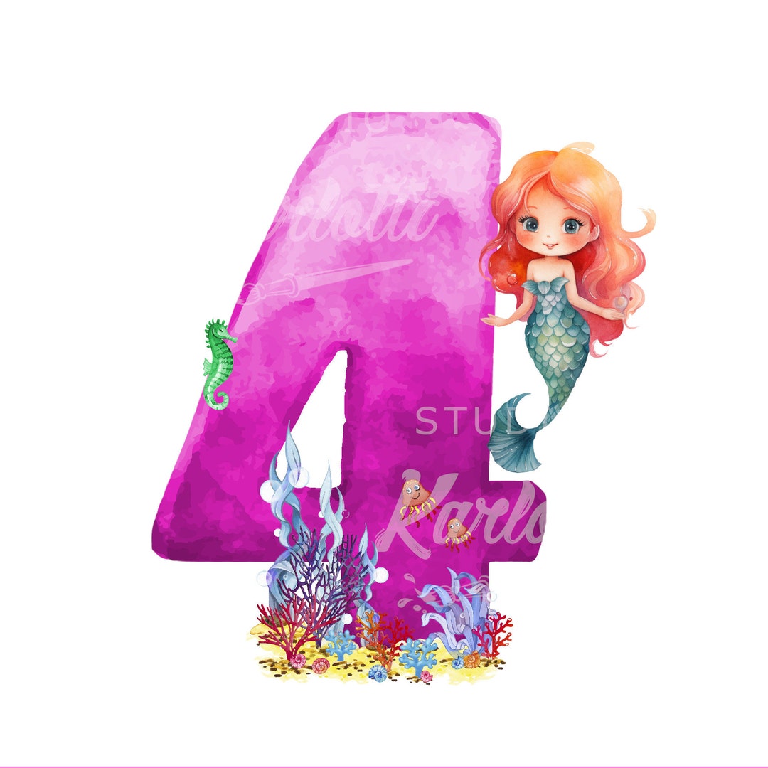 Mermaid 4th Birthday PNG Clipart: Sublimation Design (digital Download ...
