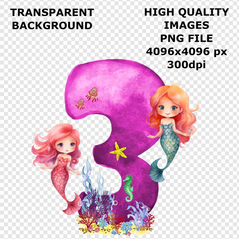 Mermaid 3rd Birthday PNG Clipart: Sublimation Design (digital Download ...