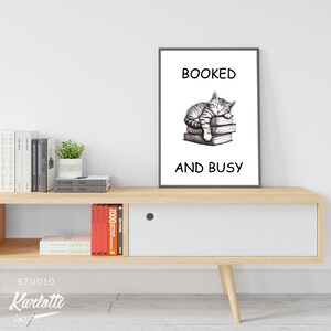 Booked and Busy Print Minimalist Book Art Cute Reading Poster Cat Decor ...