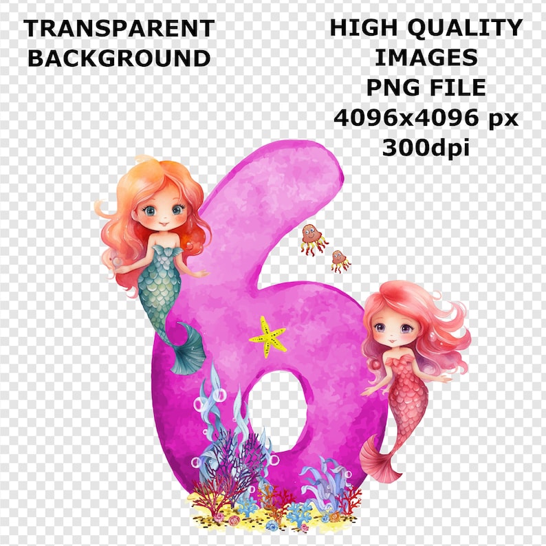 Mermaid 6th Birthday PNG Clipart: Sublimation Design (digital Download ...