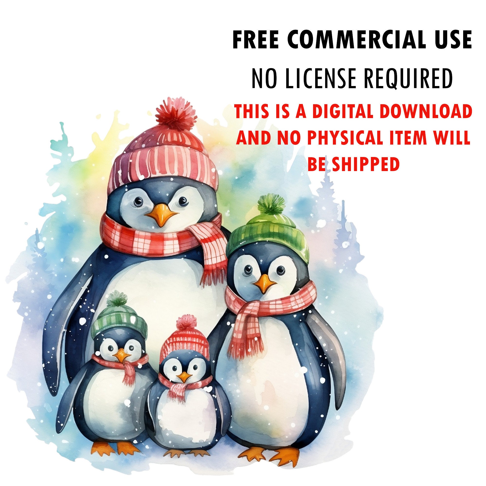 Christmas Penguins Family PNG, Holiday Penguin Clip Art PNG, Watercolor ...