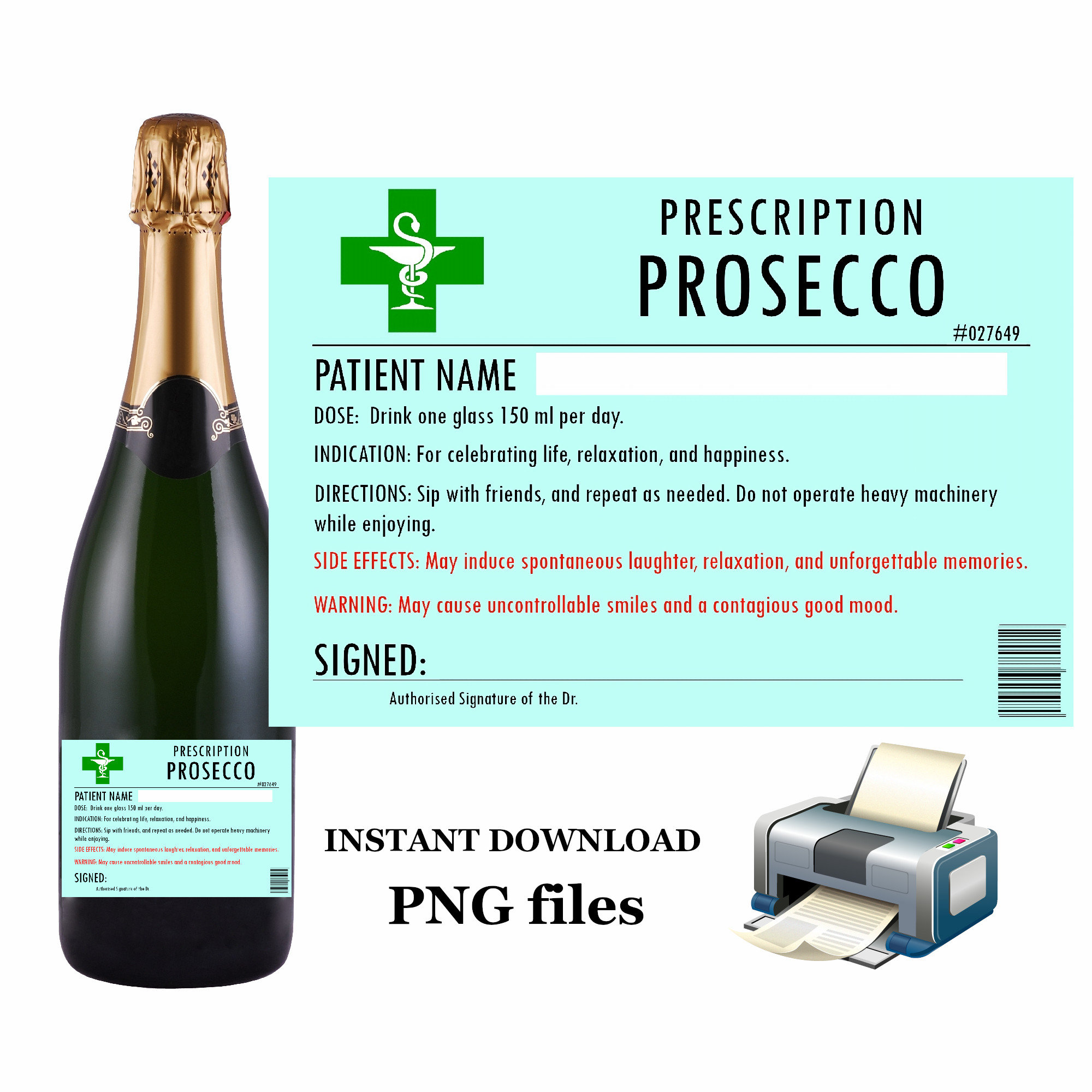 Prescription Prosecco Bottle Label PNG, Funny Gift for Birthday, Wine ...
