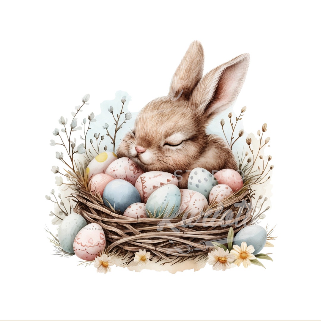 Watercolor Easter Bunny PNG: Rabbit & Eggs Clip Art (digital Download ...