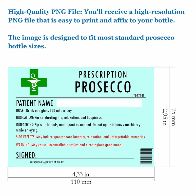 Prescription Prosecco Bottle Label: Funny Wine Gift (digital Download ...