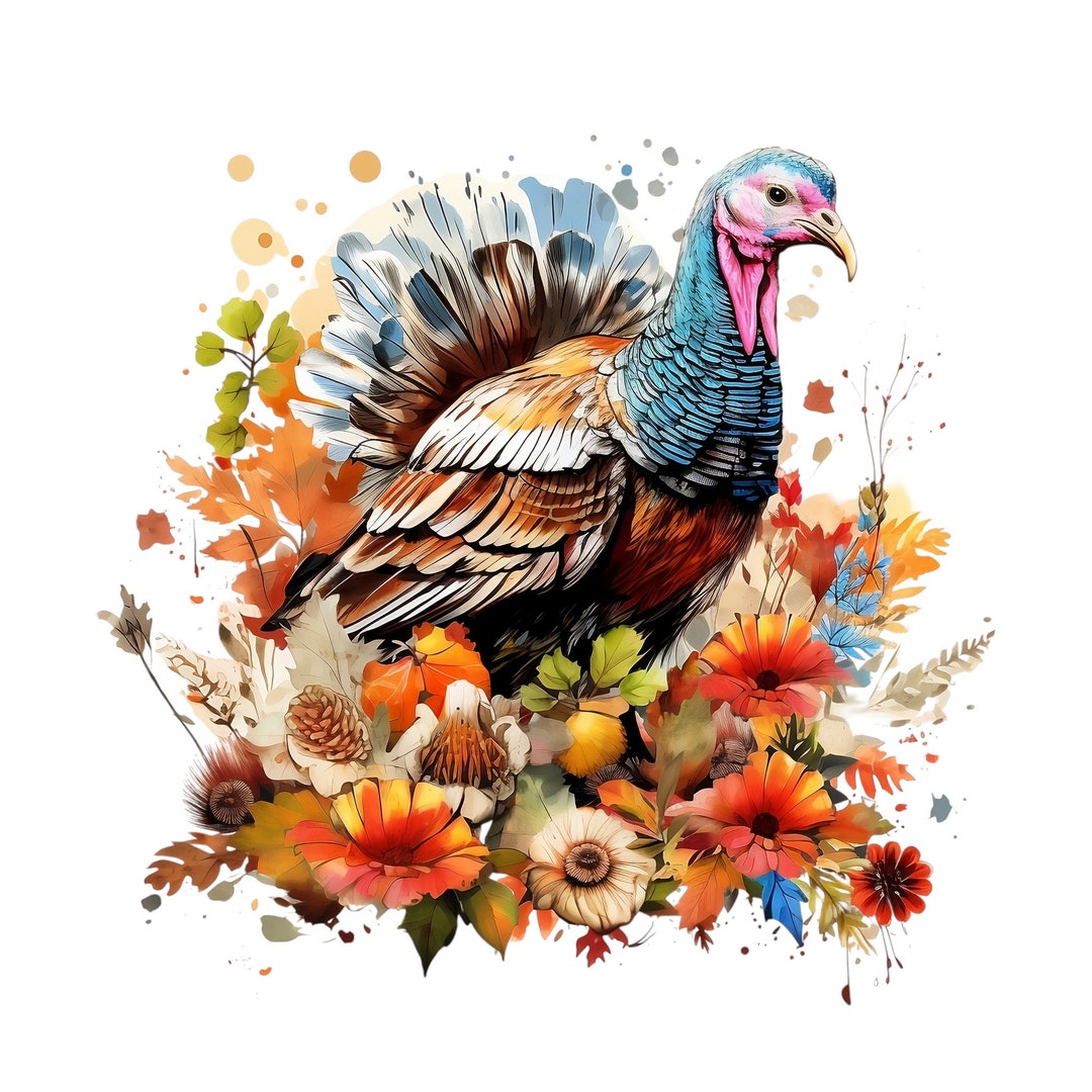 Thanksgiving Turkey PNG: Floral Autumn Watercolor Clipart (digital ...
