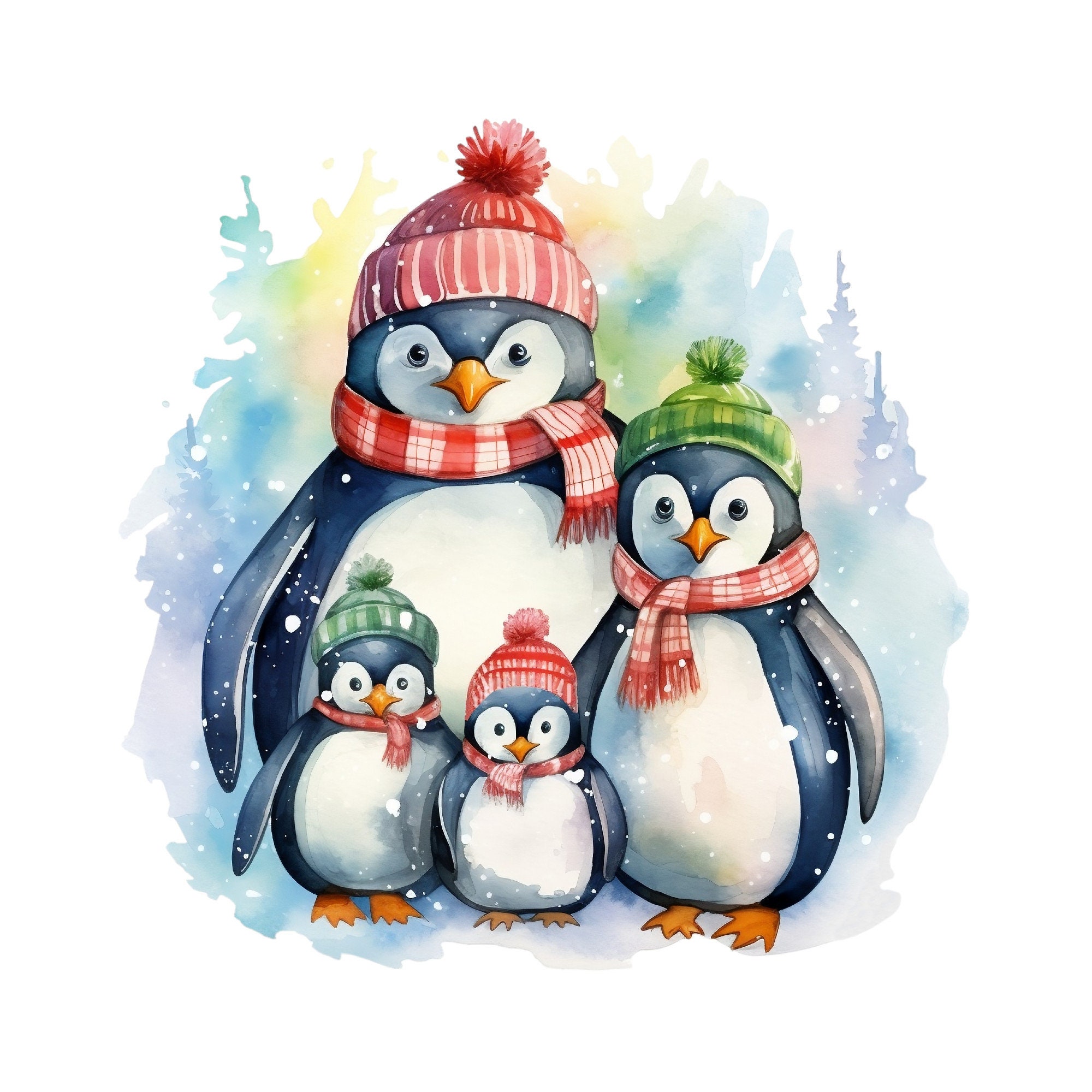 Christmas Penguins Family PNG, Holiday Penguin Clip Art PNG, Watercolor ...