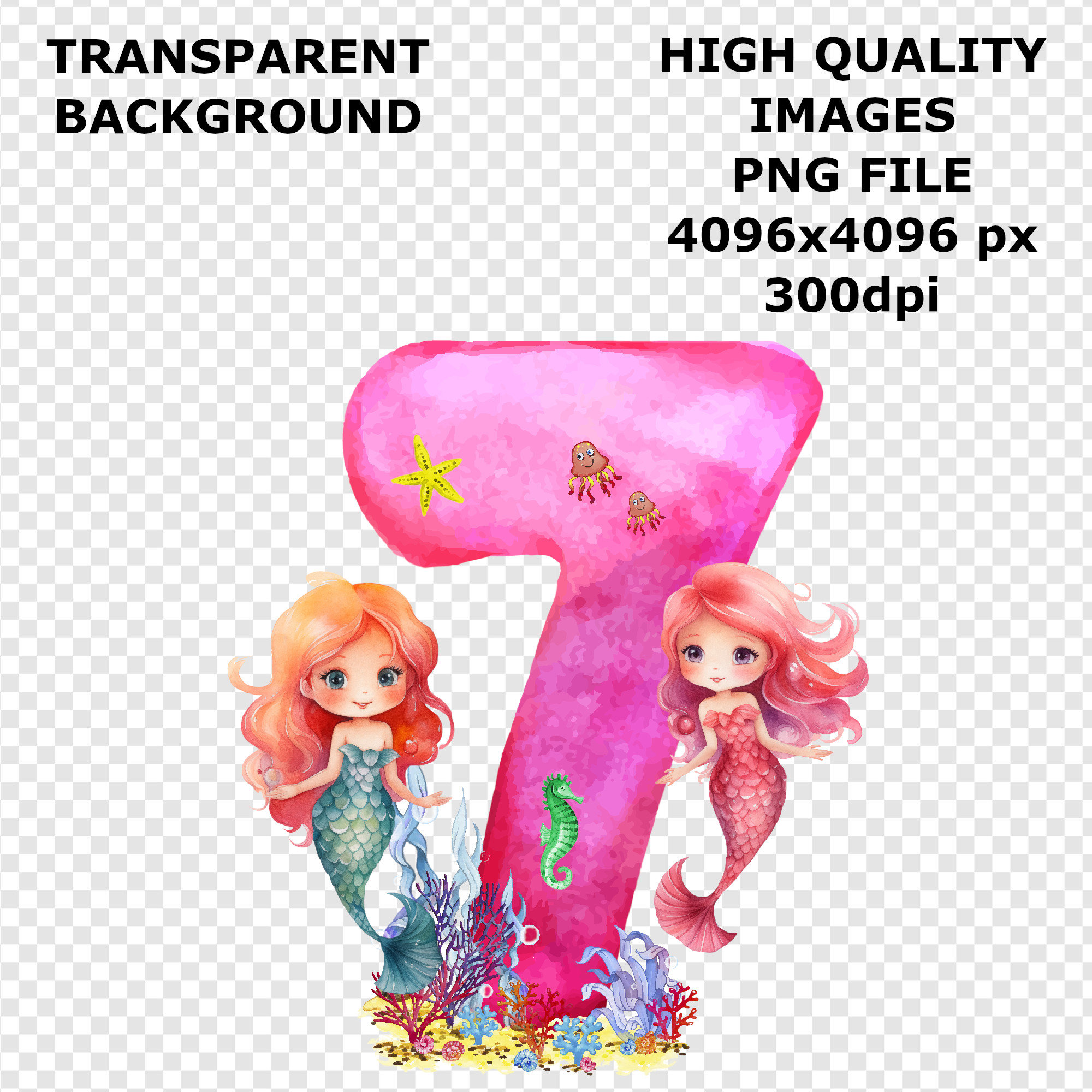 Mermaid 7th Birthday PNG Clipart: Sublimation Design (digital Download ...