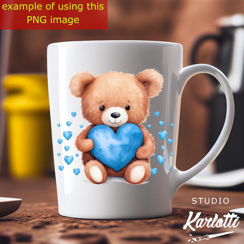 Valentine's Teddy Bear With Blue Heart PNG: Sublimation Design (digital ...