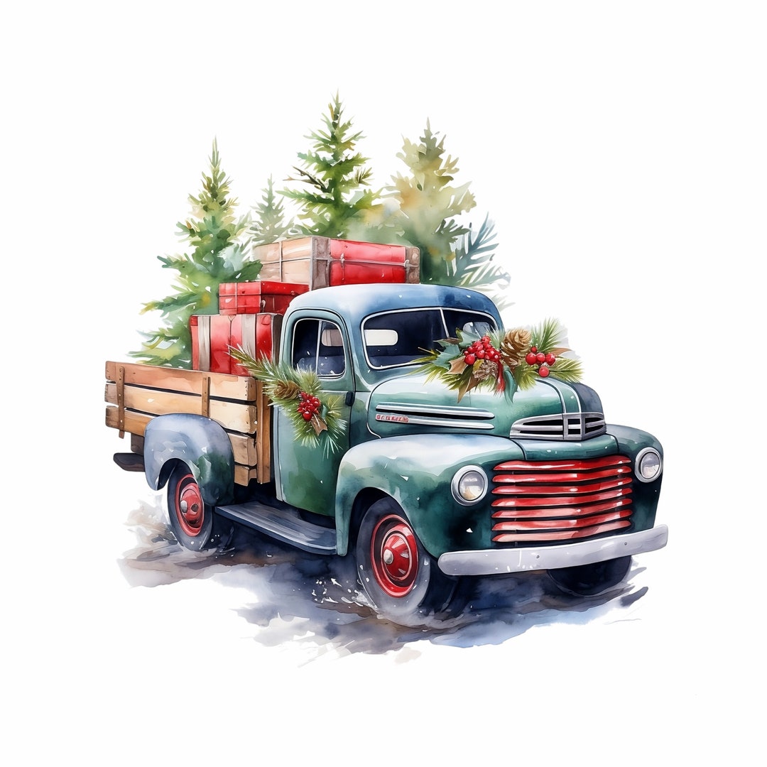 Vintage Christmas Truck PNG: Retro Holiday Watercolor Clipart (digital ...