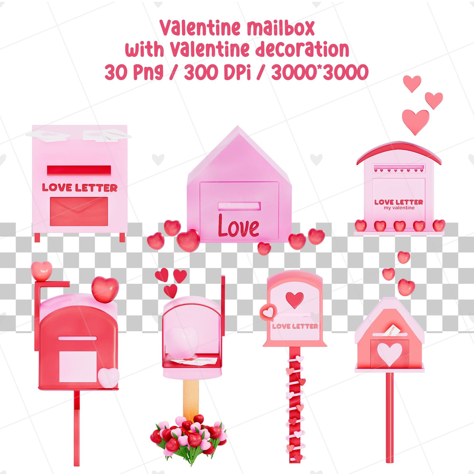 Valentine Mailbox With Cute Decoration 3D Clipart Hand-drawn 30 PNG ...