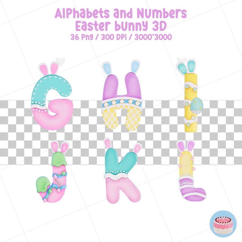Easter Bunny Alphabet & Number Clipart Bundle 36 3D Hand-drawn, Instant ...