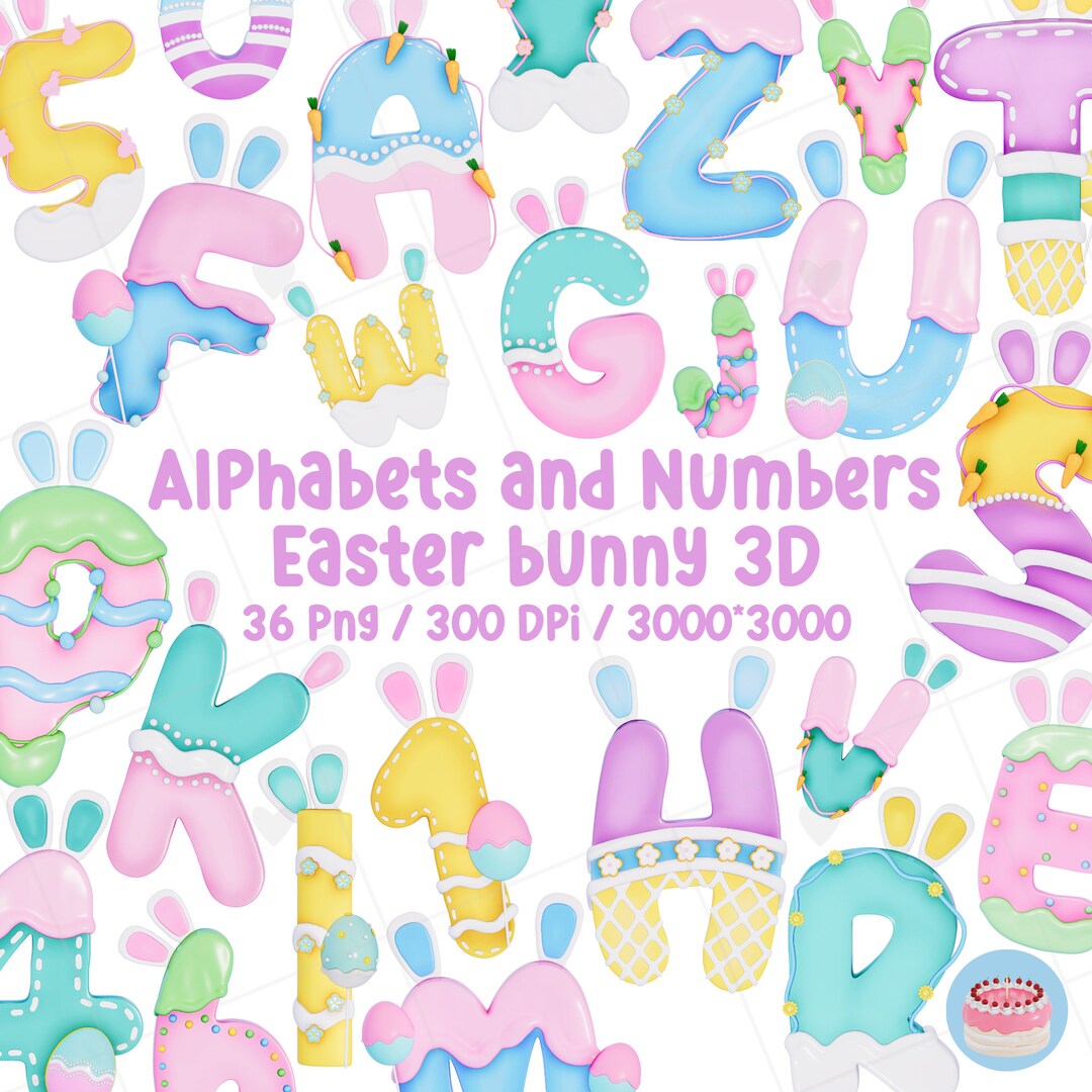 Easter Bunny Alphabet & Number Clipart Bundle 36 3D Hand-drawn, Instant ...