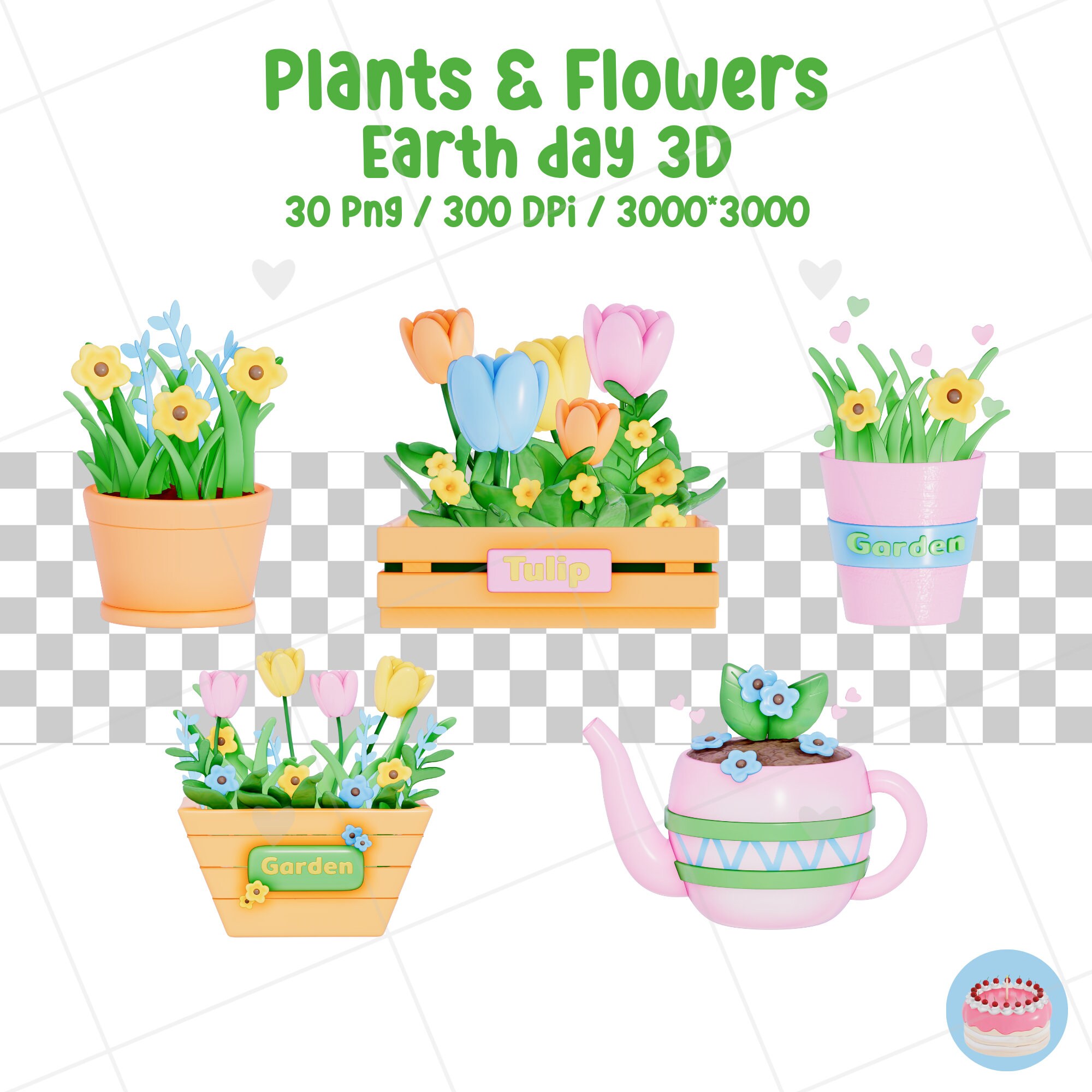 Earth Day Cute Plants & Flowers Clipart Set 30 PNG 3D Hand-drawn ...