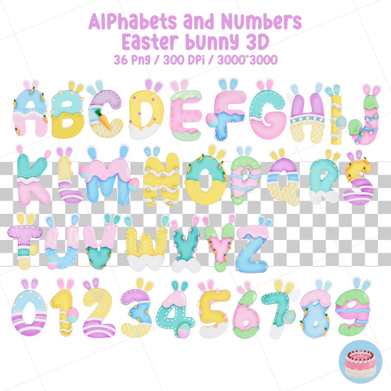 Easter Bunny Alphabet & Number Clipart Bundle 36 3D Hand-drawn, Instant ...