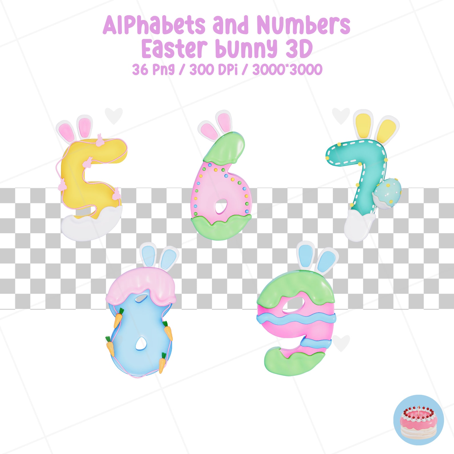 Easter Bunny Alphabet & Number Clipart Bundle 36 3D Hand-drawn, Instant ...