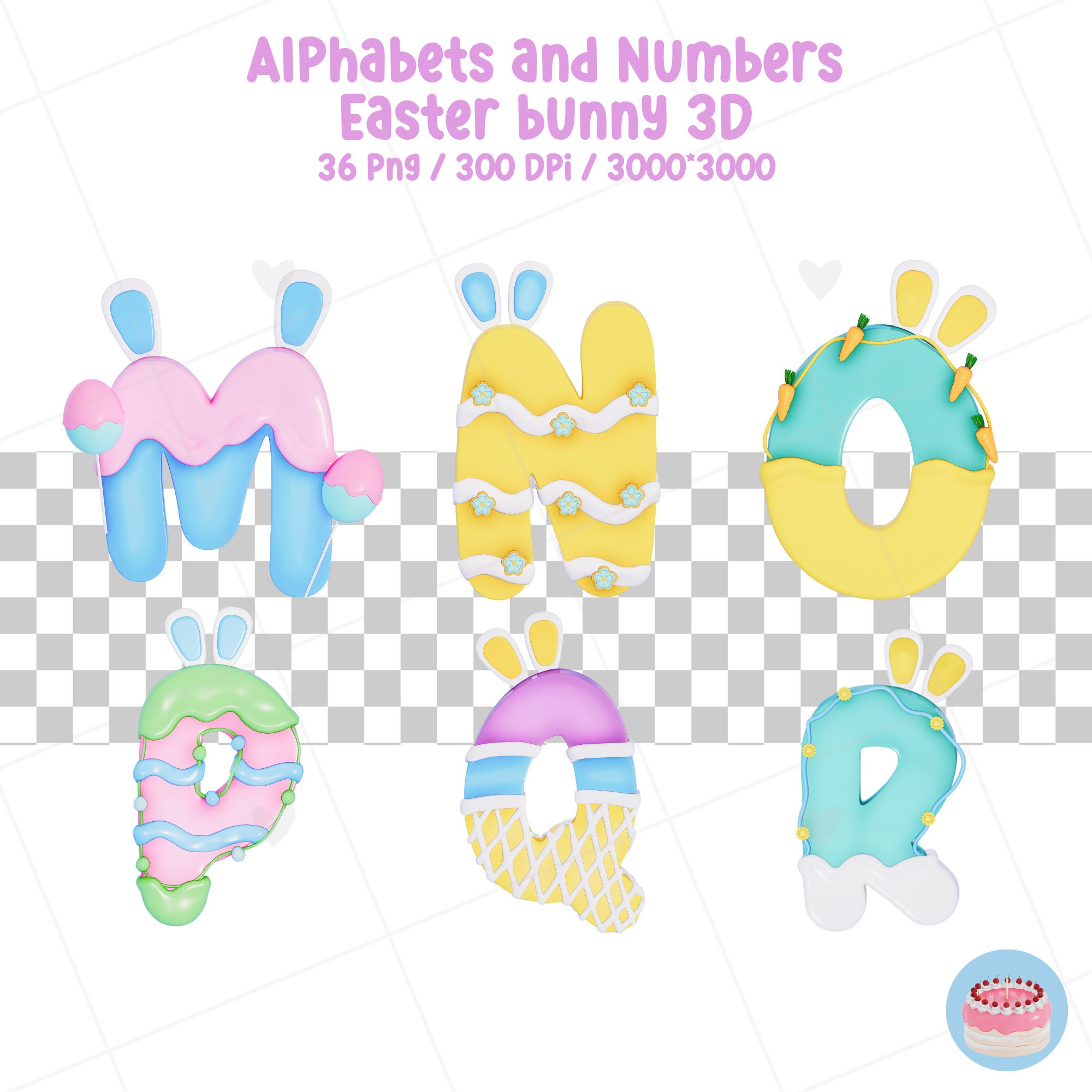 Easter Bunny Alphabet & Number Clipart Bundle 36 3D Hand-drawn, Instant ...
