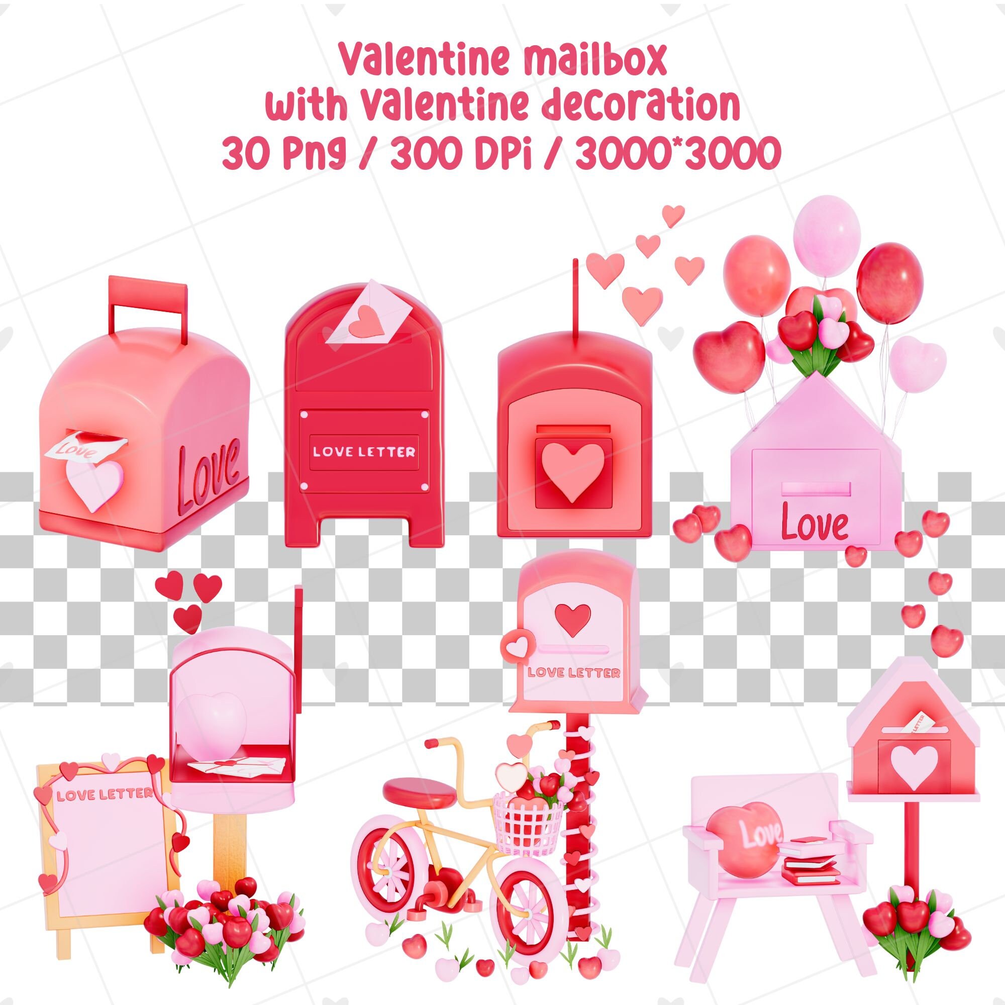 Valentine Mailbox With Cute Decoration 3D Clipart Hand-drawn 30 PNG ...