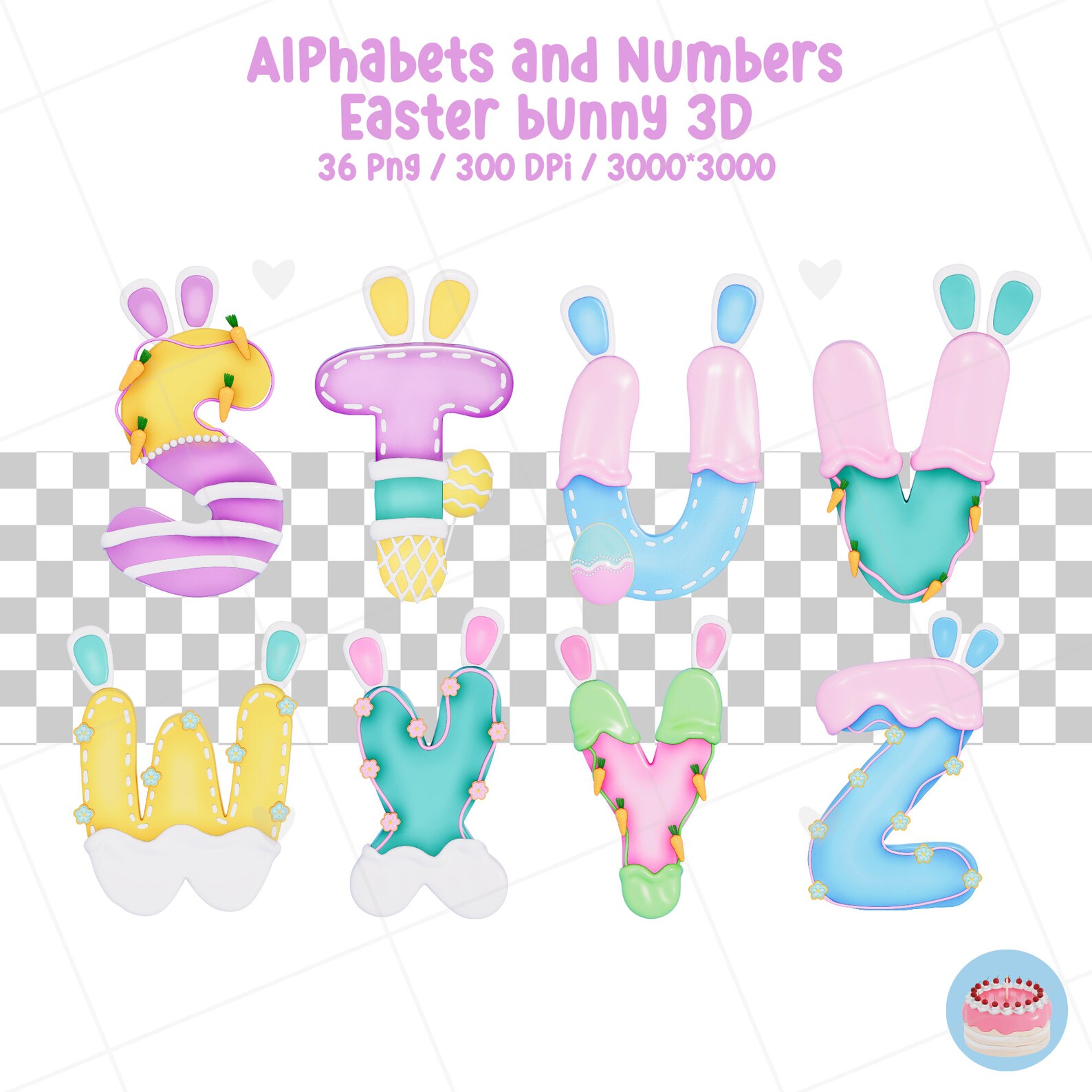 Easter Bunny Alphabet & Number Clipart Bundle 36 3D Hand-drawn, Instant ...