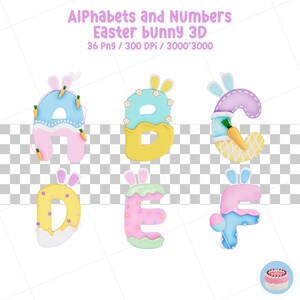 Easter Bunny Alphabet & Number Clipart Bundle 36 3D Hand-drawn, Instant ...