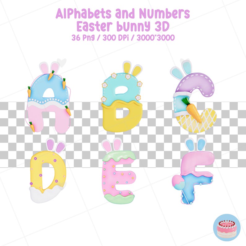 Alphabets and Numbers Easter Bunny With Cute Decoration 3D Hand-drawn ...